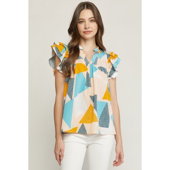 entro | Tops | Entro Geometric Ruffle Sleeve Top Jade | Poshmark
